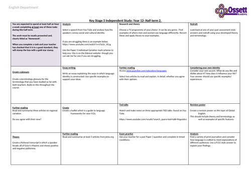English Language KS5 Independent Study tasks. 3 half terms. | Teaching ...