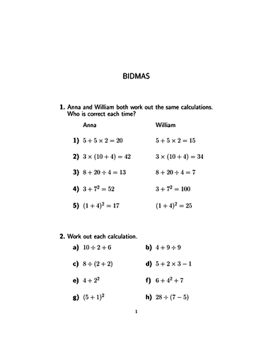 BIDMAS worksheet no 2 (with solutions) | Teaching Resources
