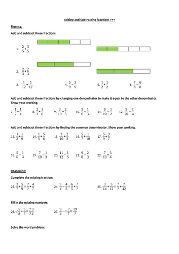 Adding & Subtracting Fractions Worksheet Y5 - Day 1 | Teaching Resources