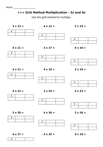 Grid Multiplication Worksheets - 3x and 4x | Teaching Resources