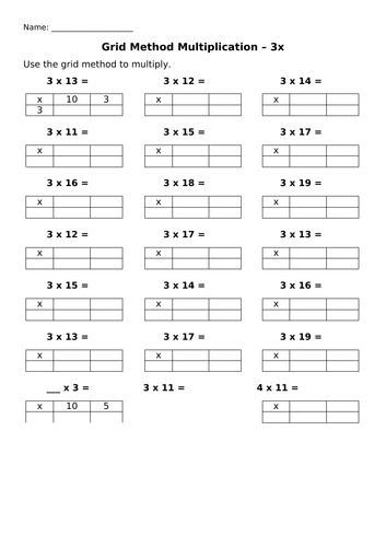 Grid Multiplication Worksheets - 3x and 4x | Teaching Resources