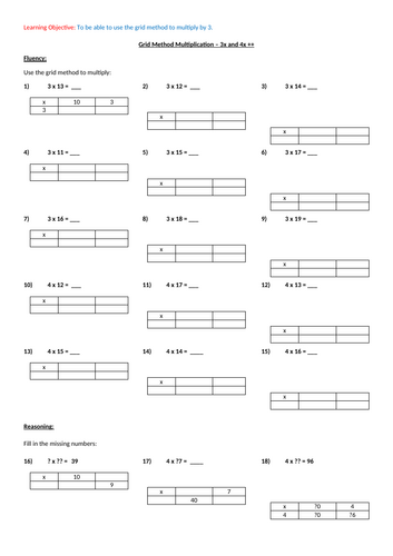 Grid Multiplication 3x, 4x Mastery | Teaching Resources