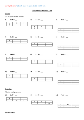 Grid Multiplication 3x, 4x Mastery | Teaching Resources