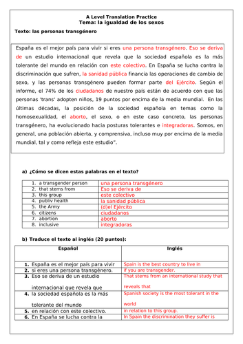 Spanish A Level las personas transgénero: translations on transgender ...