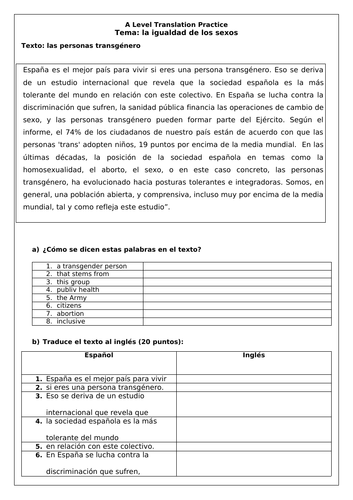 Spanish A Level las personas transgénero: translations on transgender ...