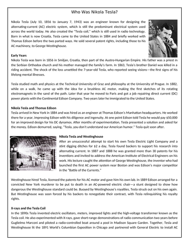 Who Was Nikola Tesla? - Reading Comprehension - Informational Text ...
