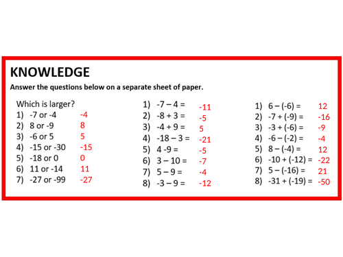Adding and Subtracting Negative Numbers Differentiated Lesson, Worksheet, Homework and Solutions ...