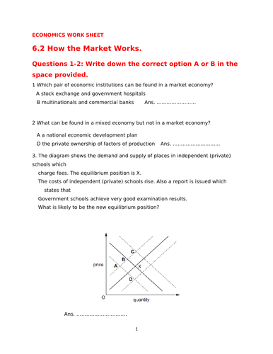 IGCSE ECONOMICS WORKSHEET How The Market Works | Teaching Resources