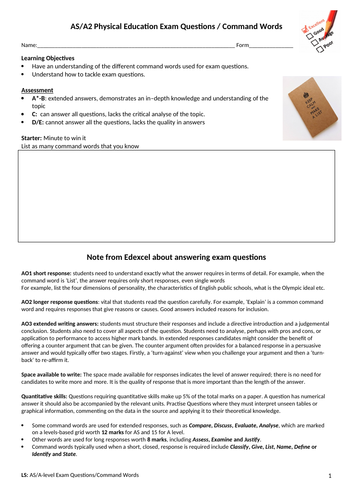 A-level PE EDEXCEL (spec 2016) Command Words and Exam Questions ...