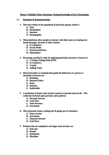 EDEXCEL GCSE BUSINESS 9-1. THEME 1 MULTIPLE CHOICE REVISION QUIZZES ... EDEXCEL GCSE BUSINESS 9-1. THEME 1 MULTIPLE CHOICE REVISION QUIZZES ...