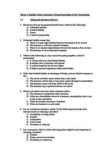 EDEXCEL GCSE BUSINESS 9-1. THEME 1 MULTIPLE CHOICE REVISION QUIZZES ... EDEXCEL GCSE BUSINESS 9-1. THEME 1 MULTIPLE CHOICE REVISION QUIZZES ...