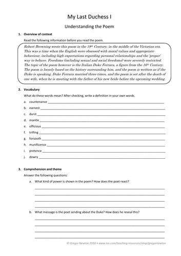 My Last Duchess (Browning) for GCSE ~ Worksheets and lesson plans for 3 ...