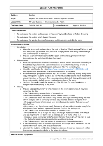 My Last Duchess (Browning) for GCSE ~ Worksheets and lesson plans for 3 ...