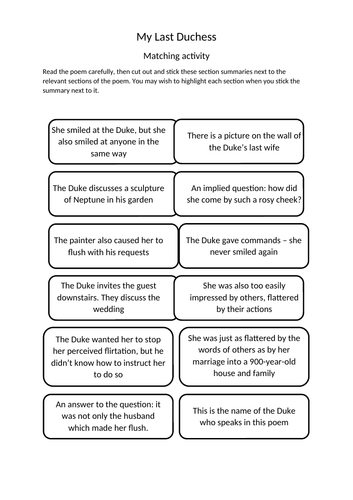 My Last Duchess (Browning) for GCSE ~ Worksheets and lesson plans for 3 ...