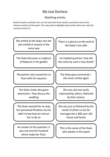 My Last Duchess (Browning) for GCSE ~ Worksheets and lesson plans for 3 ...