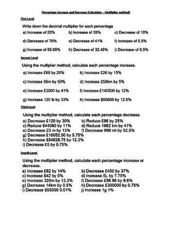 Percentage Increase and Decrease (Calculator – Multiplier method ...