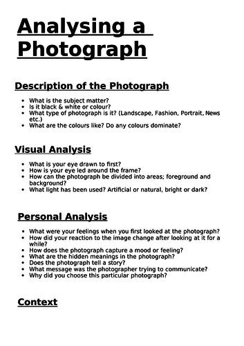Analysing a Photograph worksheet | Teaching Resources