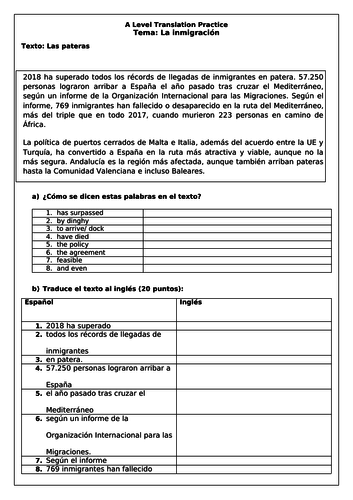 Spanish A Level la inmigración las llegadas en patera: translations on ...
