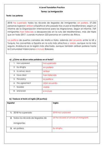 Spanish A Level la inmigración las llegadas en patera: translations on ...
