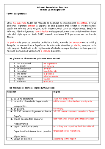 Spanish A Level la inmigración las llegadas en patera: translations on ...