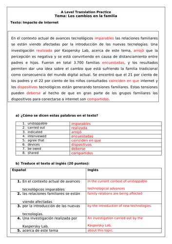 Spanish A Level la familia y el ciberespacio: translations on changes ...