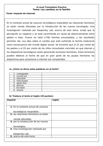 Spanish A Level la familia y el ciberespacio: translations on changes ...