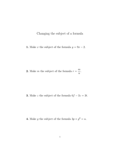 Changing the subject of a formula worksheet (with solutions) | Teaching ...