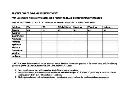 Practice reflexive verbs preterit | Teaching Resources