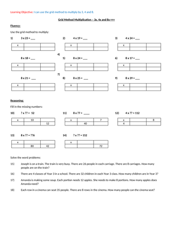 Grid Multiplication - Mastery Questions (3x, 4x & 8x) | Teaching Resources