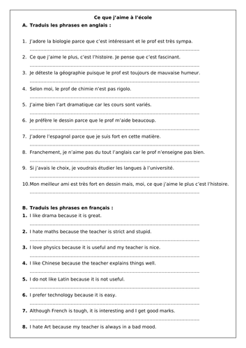 French School Subjects (5 worksheets) | Teaching Resources
