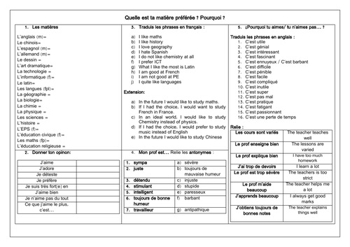 French School Subjects (5 worksheets) | Teaching Resources