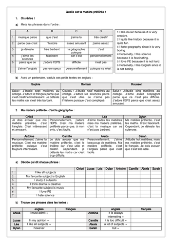 French School Subjects (5 worksheets) | Teaching Resources