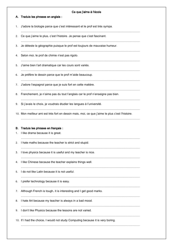 French School Subjects (5 worksheets) | Teaching Resources