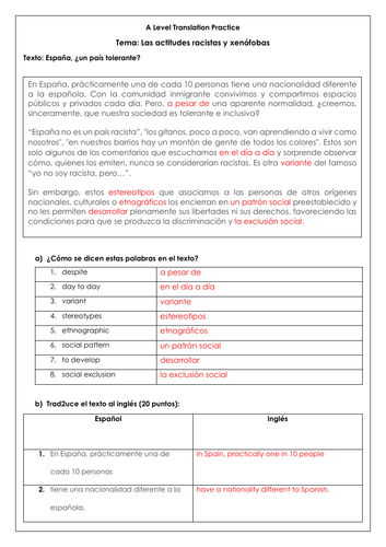 Spanish A Level el racismo: translations on racism and xenophobia in ...