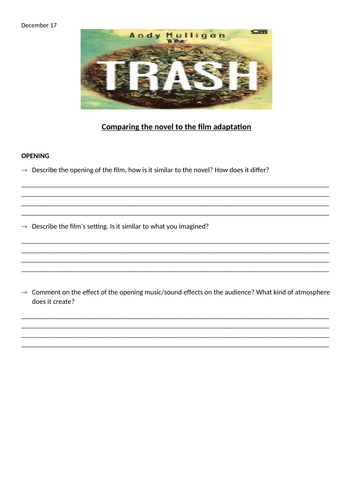 Trash by Andy Mulligan: Novel vs Film Comparative | Teaching Resources