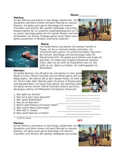 German Beginner Reading on Hobbies: Freizeit Lesung / Days of the Week ...