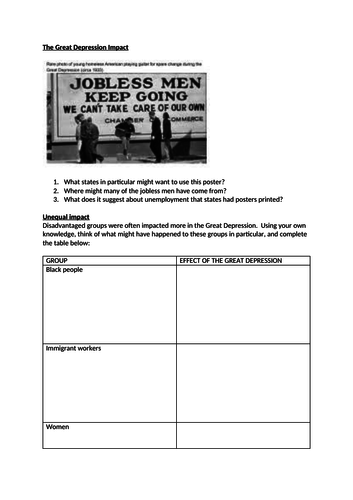 Impact of the Great Depression - presentation and worksheet GCSE ...