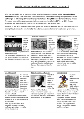 OCR SHP GCSE 9-1 History (USA, 1789-1900): How did the lives of African ...