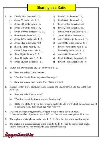 Sharing in a given ratio - 40 questions + answers | Teaching Resources