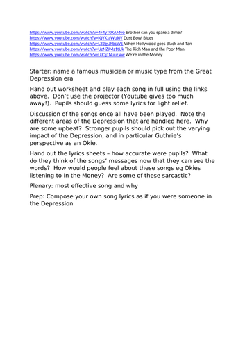 The Great Depression through songs with worksheet and lesson plan ...