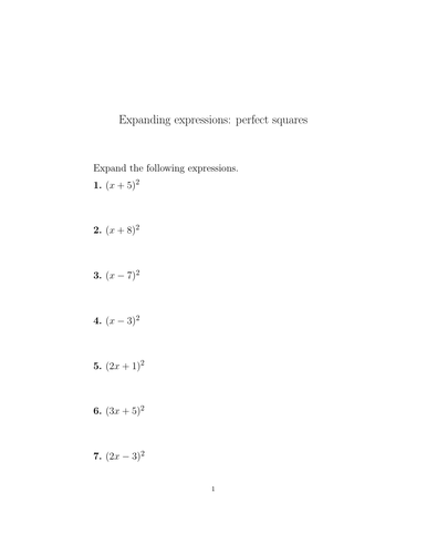Expanding expressions: perfect squares worksheet (with solutions ...