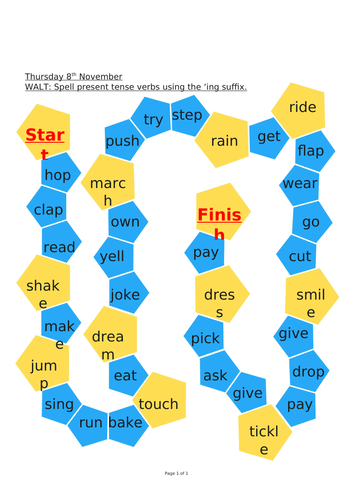 Year 2 Spelling: Add 'ing' suffix present tense board game | Teaching ...