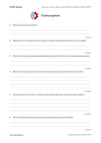GCSE Biology (9-1) - Contraception - Worksheet & Video | Teaching Resources