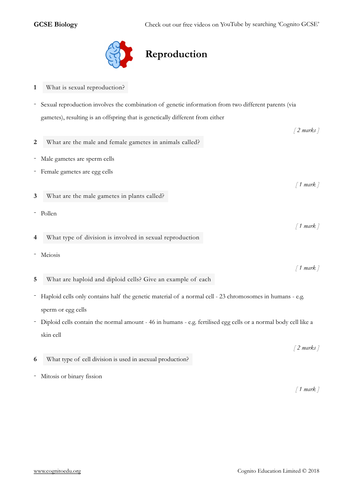 GCSE Biology (9-1) - Sexual and Asexual Reproduction - Worksheet ...