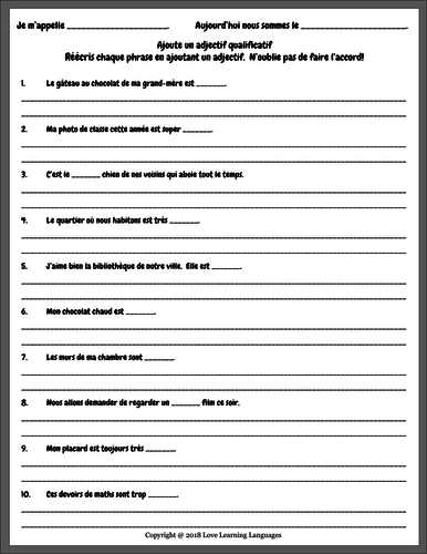 French Descriptive Adjectives Exercise #2 - Ajoutez un adjectif ...