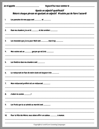 French Descriptive Adjectives Exercise #4 - Ajoutez un adjectif ...