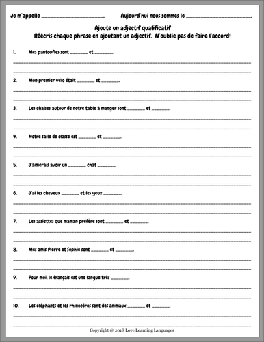 French Descriptive Adjectives Exercise #5 - Ajoutez un adjectif ...