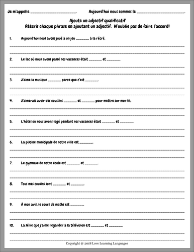 French Descriptive Adjectives Exercise #6 - Ajoutez un adjectif ...