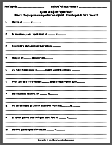 French Descriptive Adjectives Exercise #7 - Ajoutez un adjectif ...