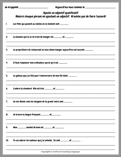 French Descriptive Adjectives Exercise #10 - Ajoutez un adjectif ...